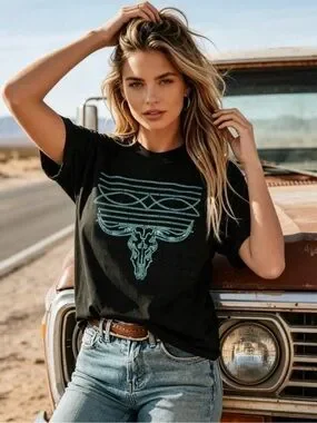 Digiprint | Tops | Western Shirt Black Graphic Shortsleeve Womens Tee ...